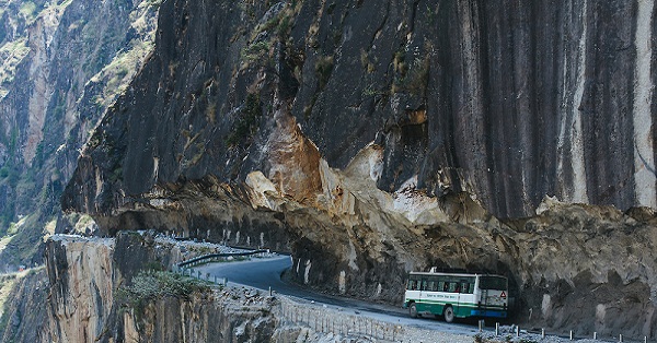 An HRTC Bus travelling across Tranda Dhank, Kinnaur, Himachal Pradesh ...